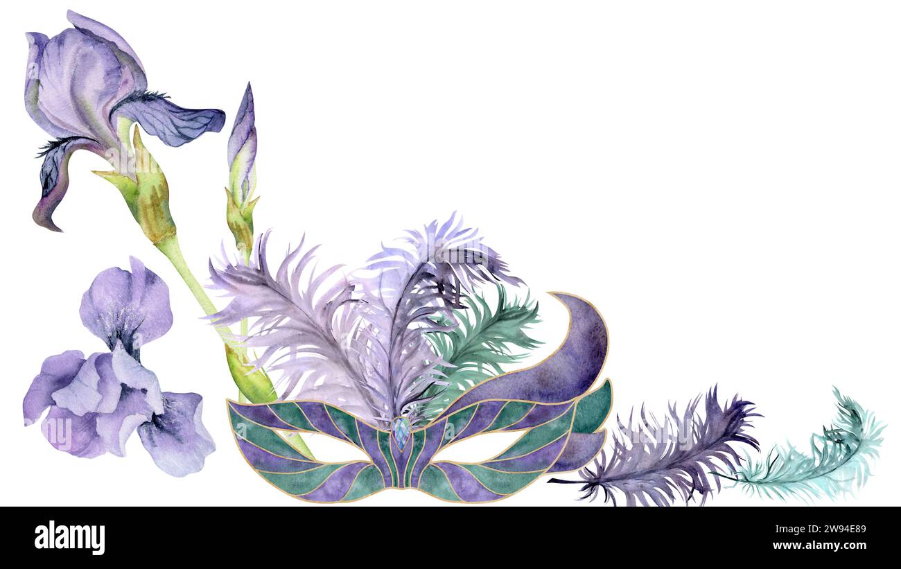 Hand drawn watercolor Mardi Gras carnival symbols. Theater masquerade ...