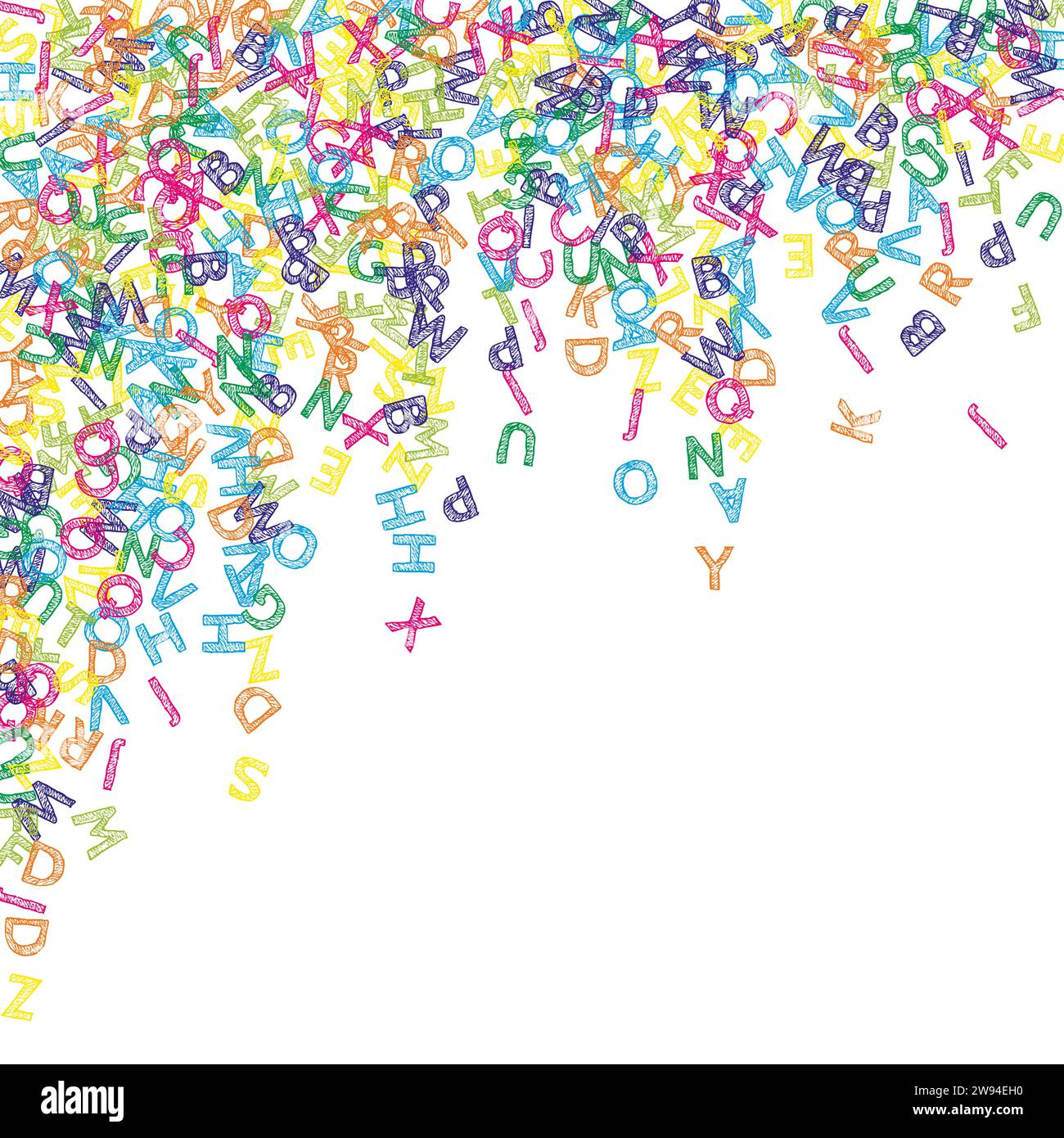 Falling letters of English language. Colorful sketch flying words of ...