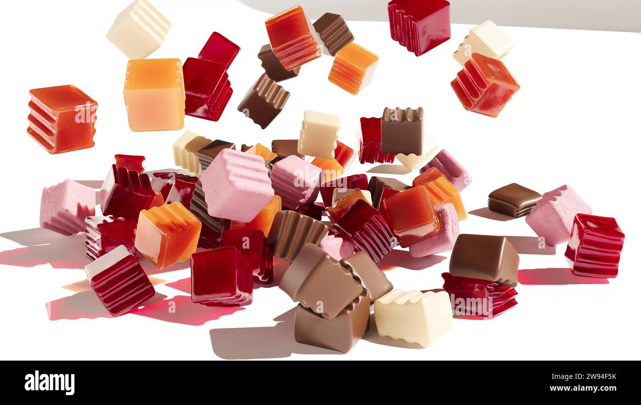 Sweet candy cubes chocolate sugar marmalade jam intro 3d render Stock ...