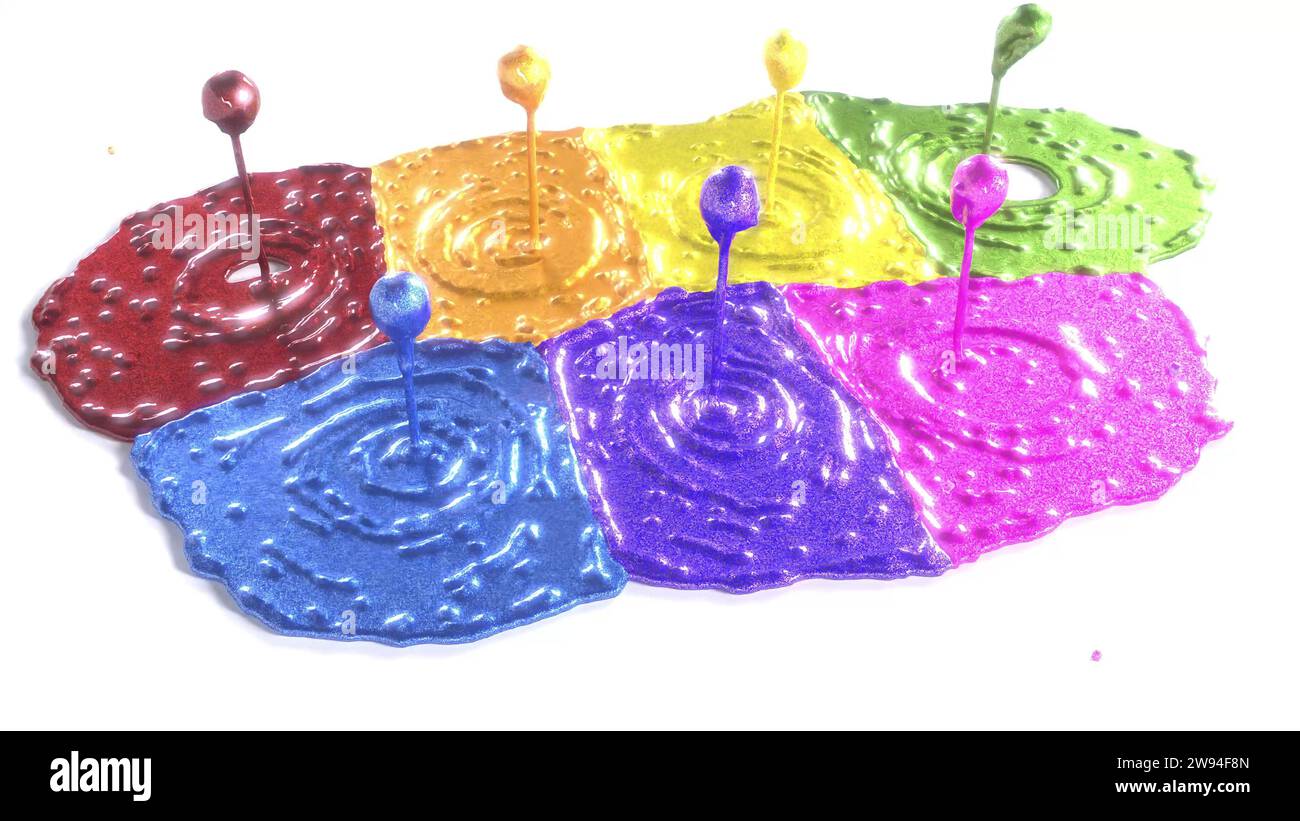 Viscous liquid paint rainbow fall on white back intro 3d render Stock ...