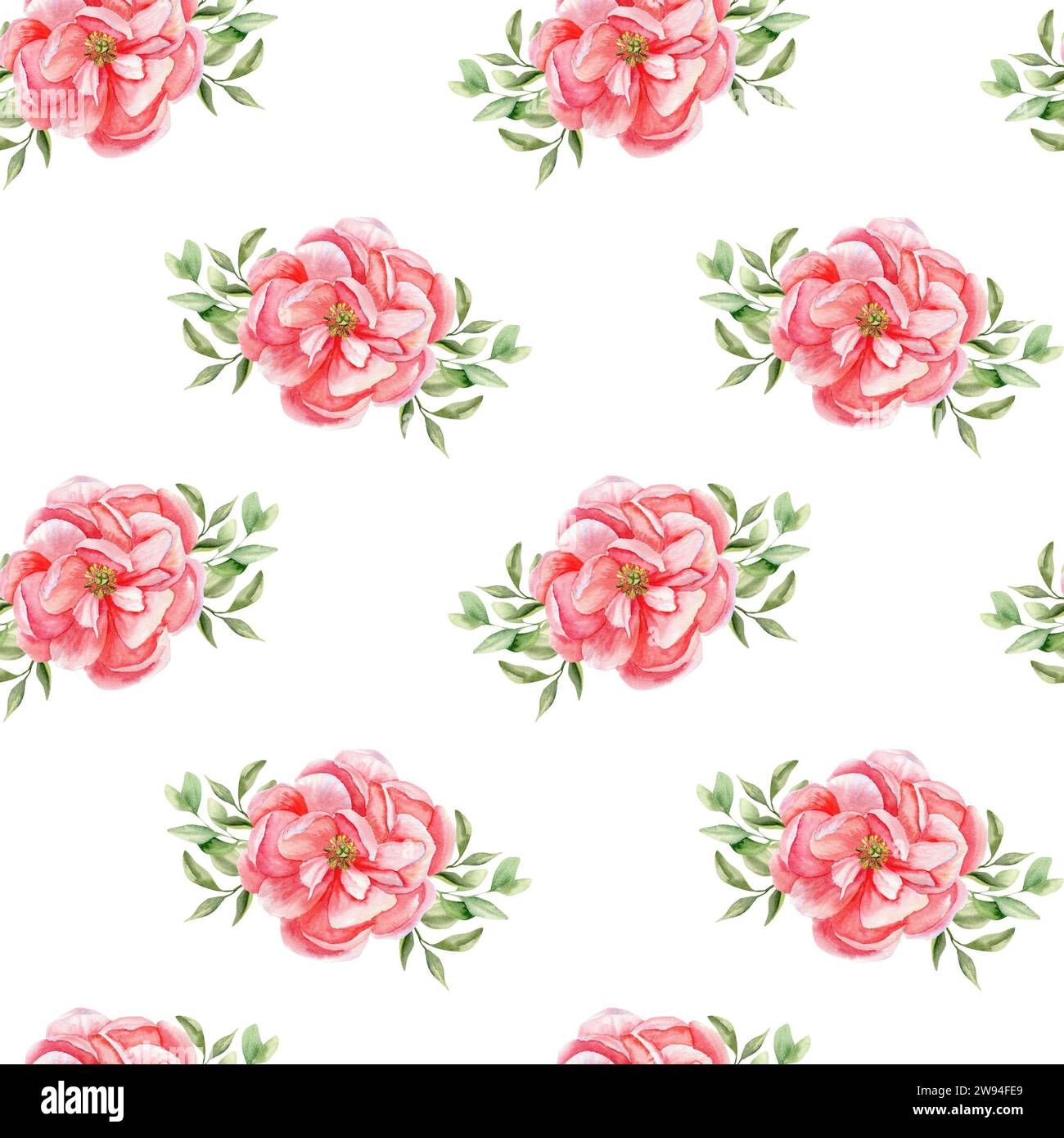Watercolor pink peonies art seamless pattern. Hand drawn floral ...