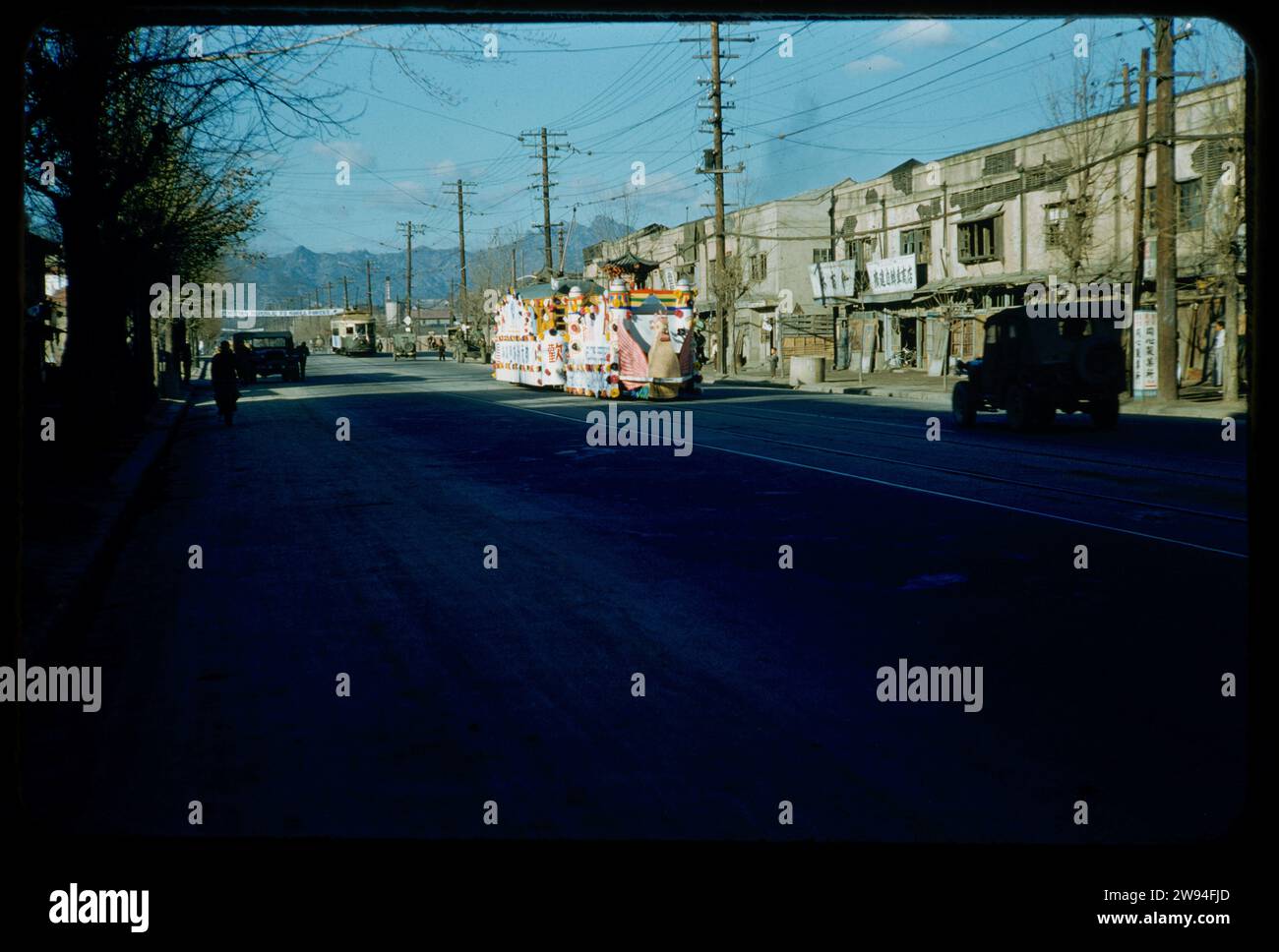 Seouou, Decis 1952, David Keel, 1952 color slide Decorated tram in ...