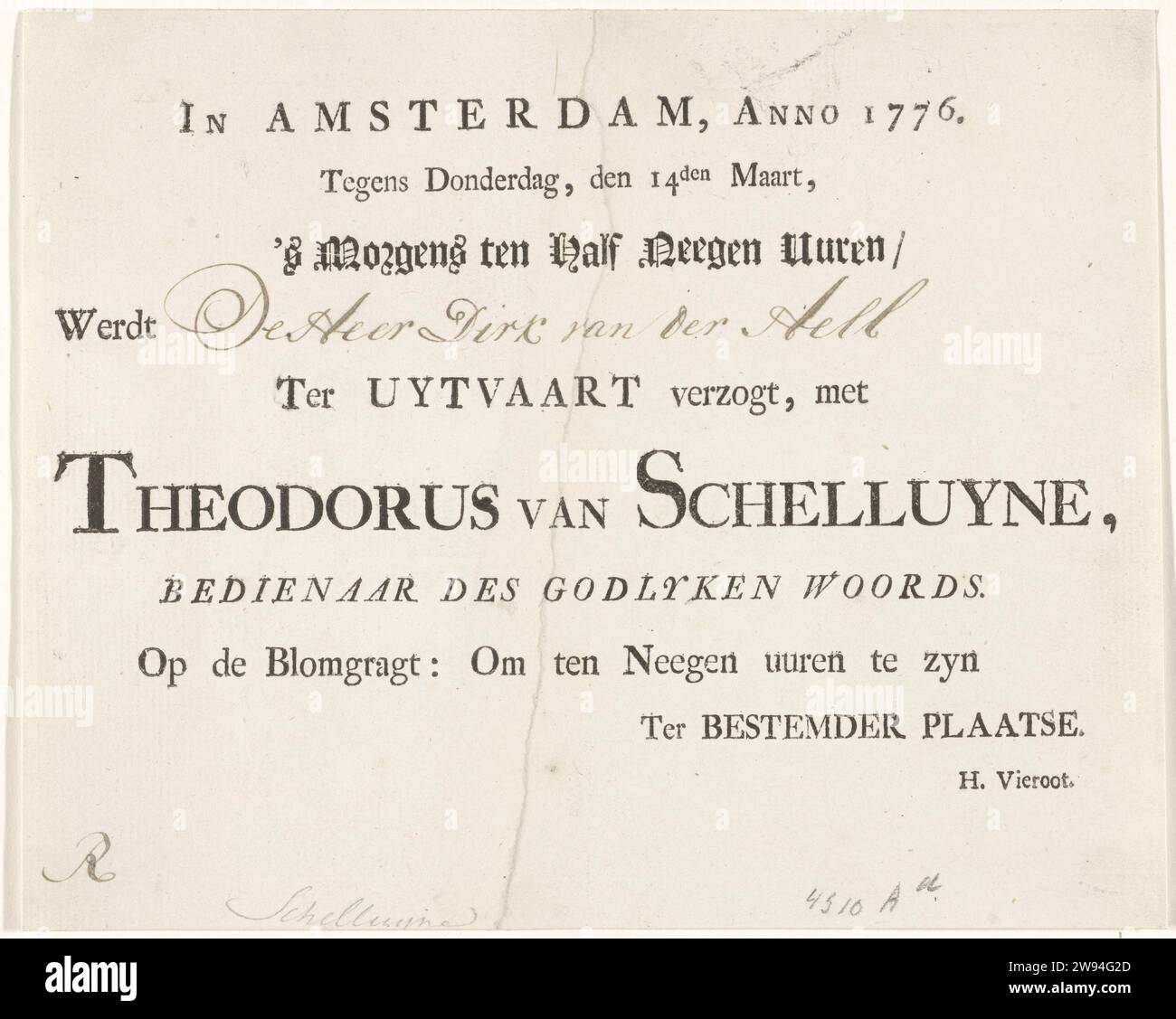Invitation to the funeral of Theodorus van Schelluynen, 1776, Hendrik ...