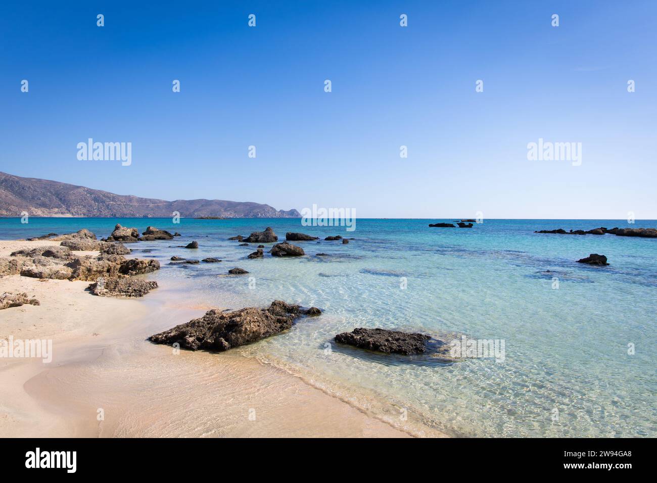 Elafonisi beach in Crete, Greece. Panorama of the crystal clear sea ...