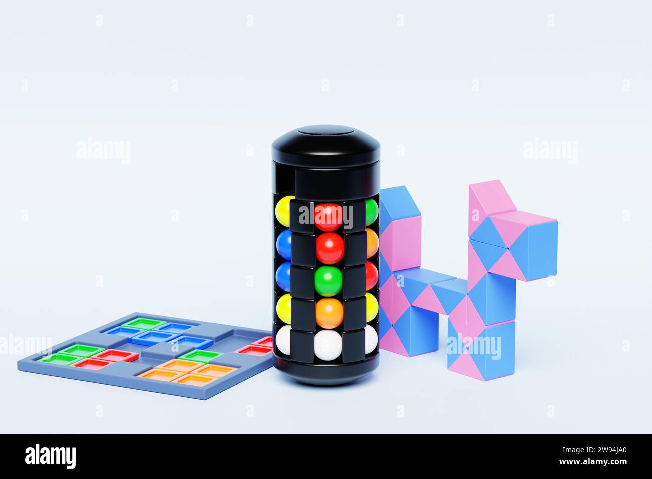 3d illustration of a black cylinder with colorful balls, a square ...