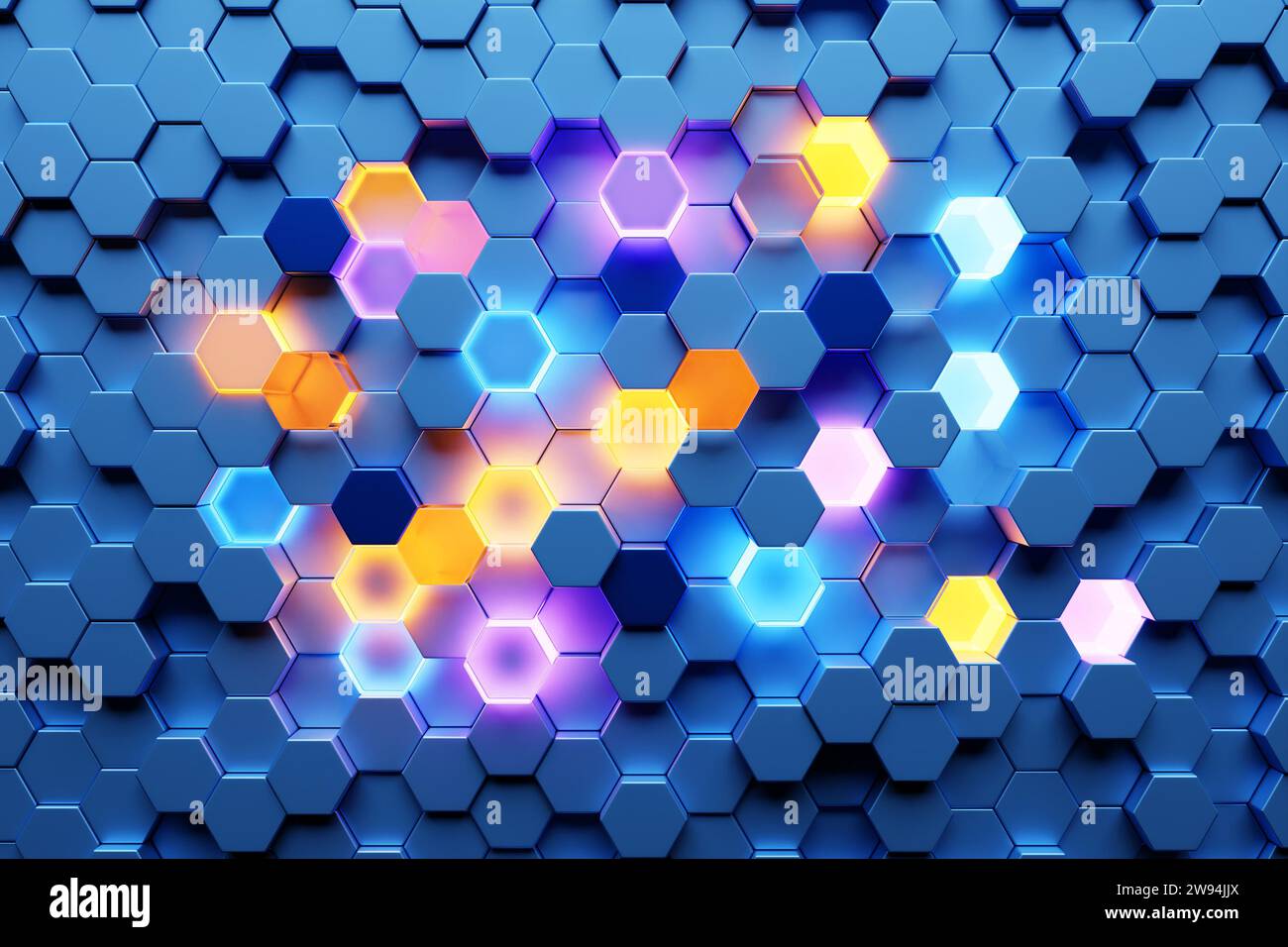 Abstract hexagonal background with depth of field effect, 3d illustration. A large number of ...