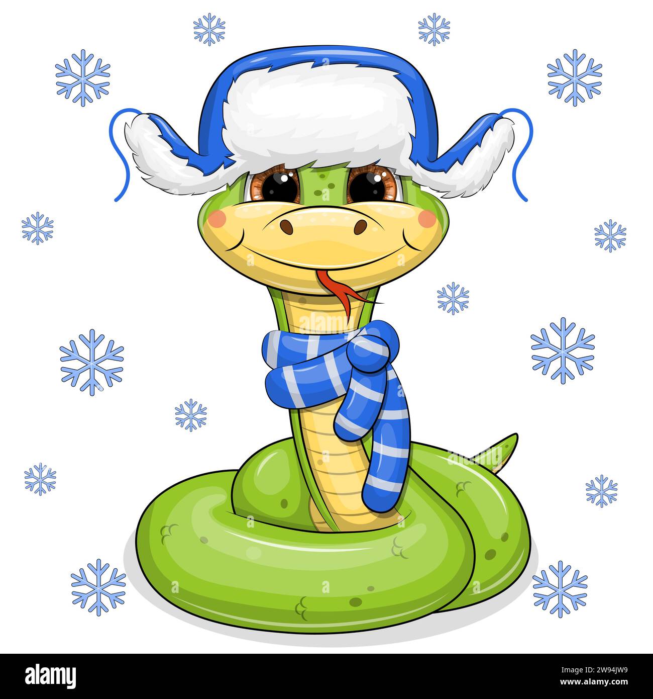 Cute cartoon green snake in scarf and blue winter hat with ear flaps ...
