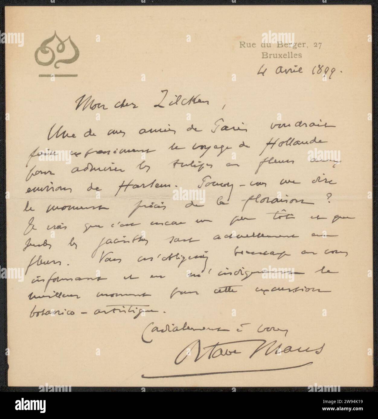 Letter to Philip Zilcken, 1899 letter Brussels paper. ink writing ...