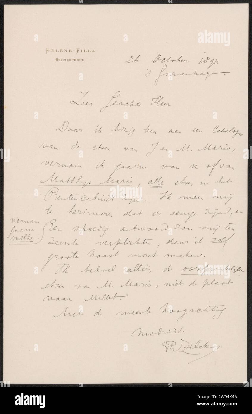 Letter to Johan Philip van der Kellen, Philip Zilcken, 1893 letter The ...
