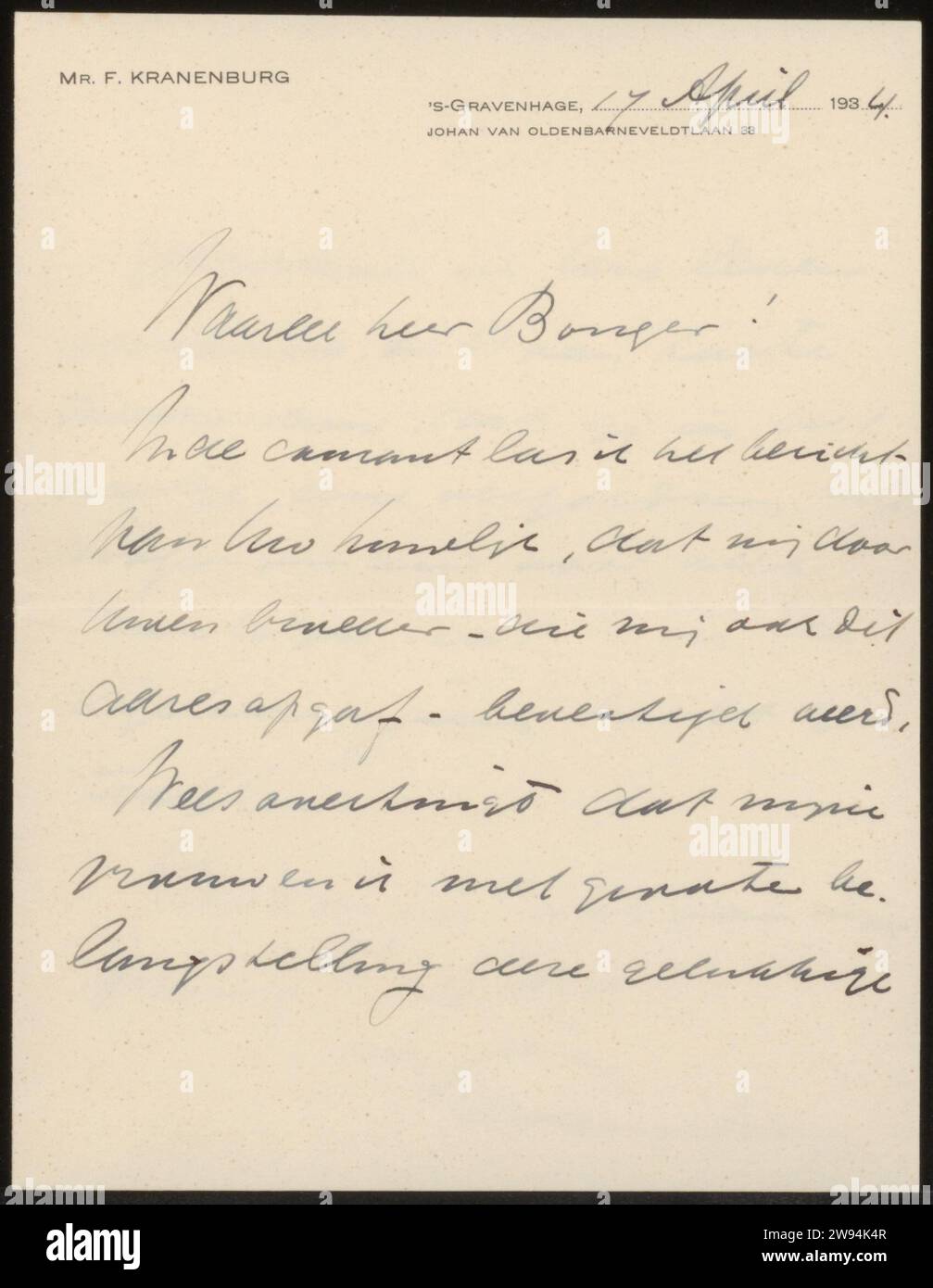 Letter to Andries Bonger, F. Kranenburg, 1934 letter The Hague paper ...
