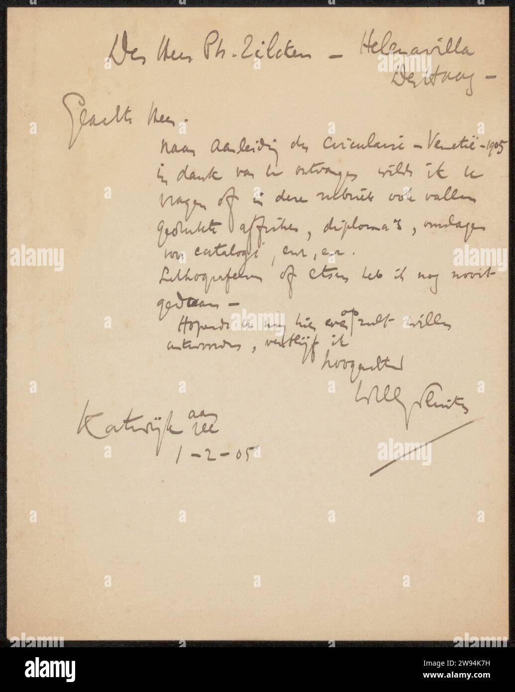 Letter to Philip Zilcken, Willy Sluiter, 1905 letter Katwijk aan Zee ...