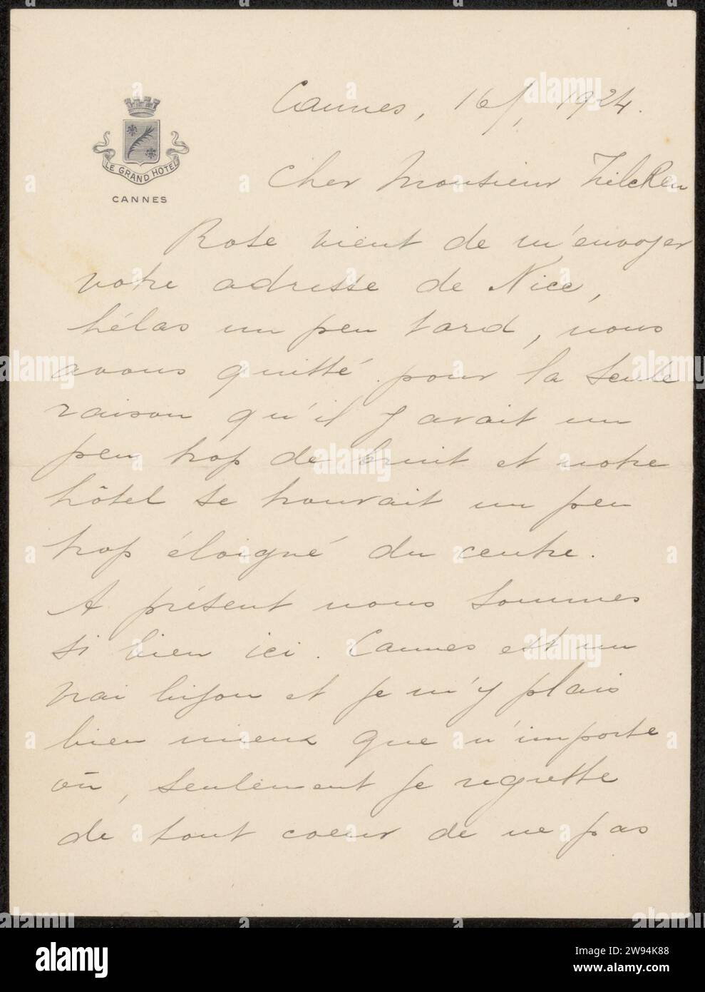 Letter to Philip Zilcken, 1924 letter Cannes paper. ink writing ...