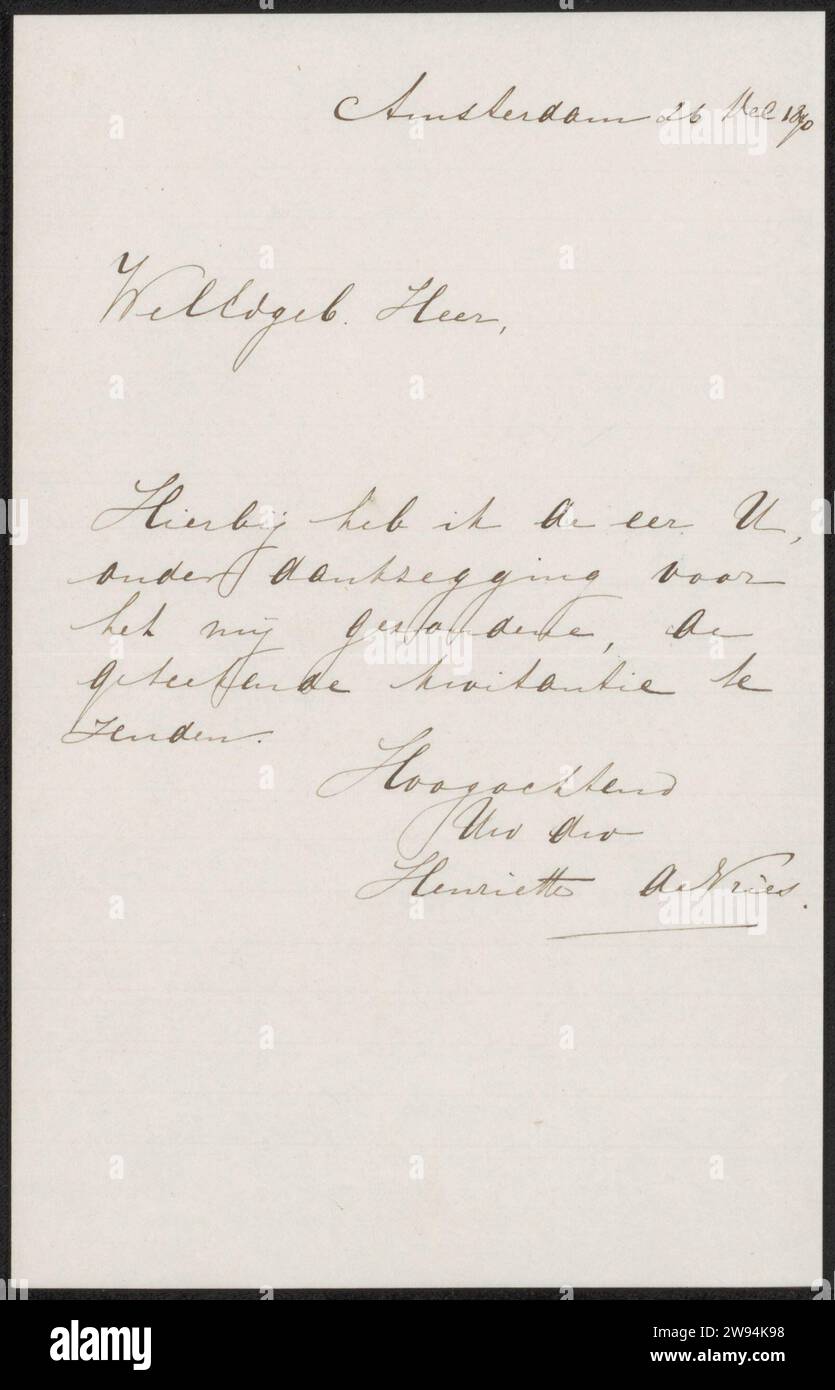 Letter to Johan Philip van der Kellen, Henriëtte de Vries, 1890 letter ...