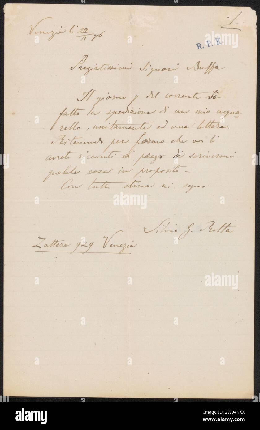 Letter to Frans Buffa and Sons, Silvio Giulio Rotta, 1876 letter Venice ...