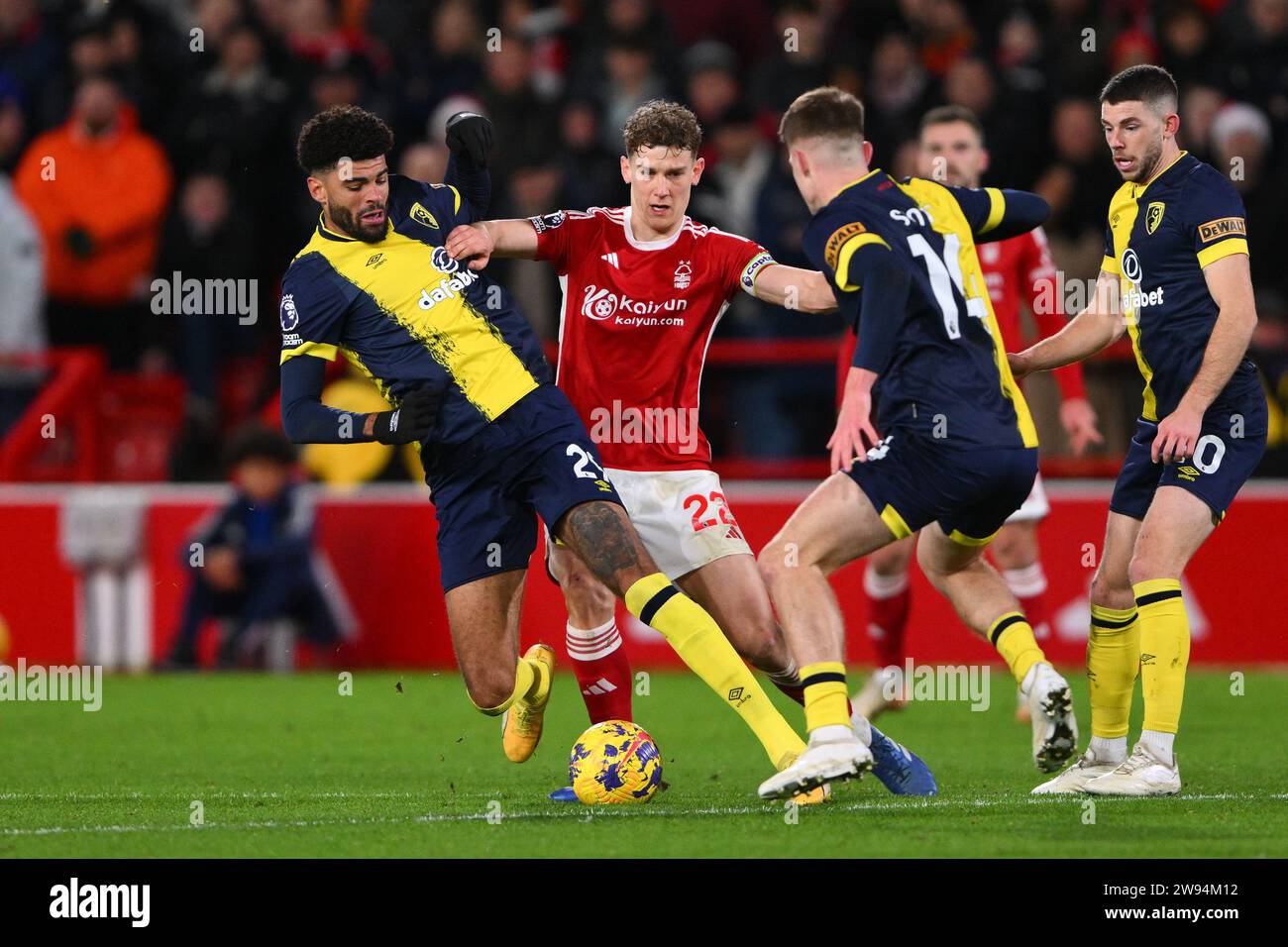 Nottingham, UK. 23rd Dec 2023. Ryan Yates of Nottingham Forest battles ...