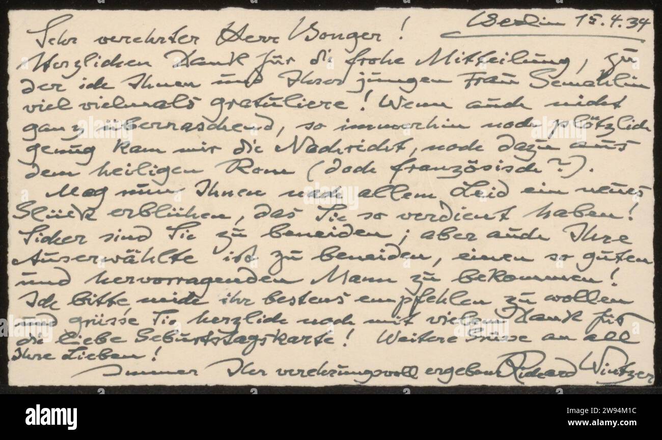 Letter to Andries Bonger, Richard Wintzer, 1934 letter Berlin paper ...