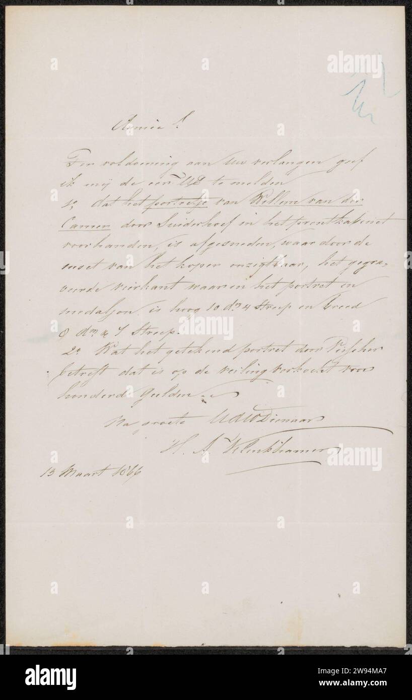 Letter to Adriaan van der Willigen PZ, Hendrik Abraham Klinkhamer, 1866 ...