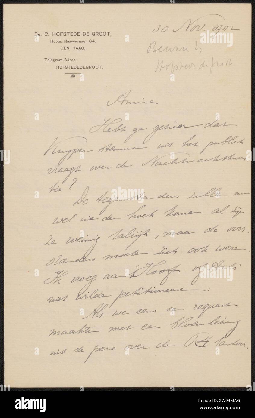 Letter to Jan Veth, Cornelis Hofstede de Groot, 1902 letter The Hague ...