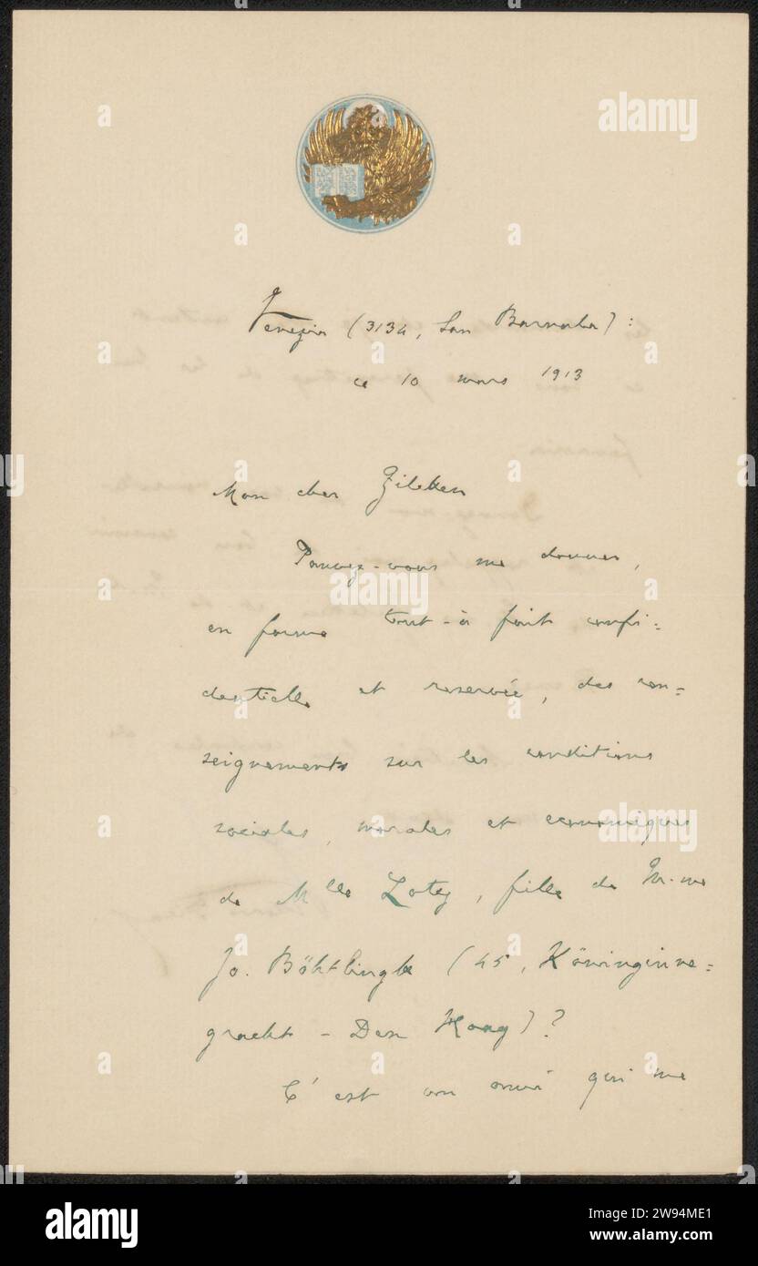 Letter to Philip Zilcken, Vittorio Pica, 1913 letter Venice paper. ink ...