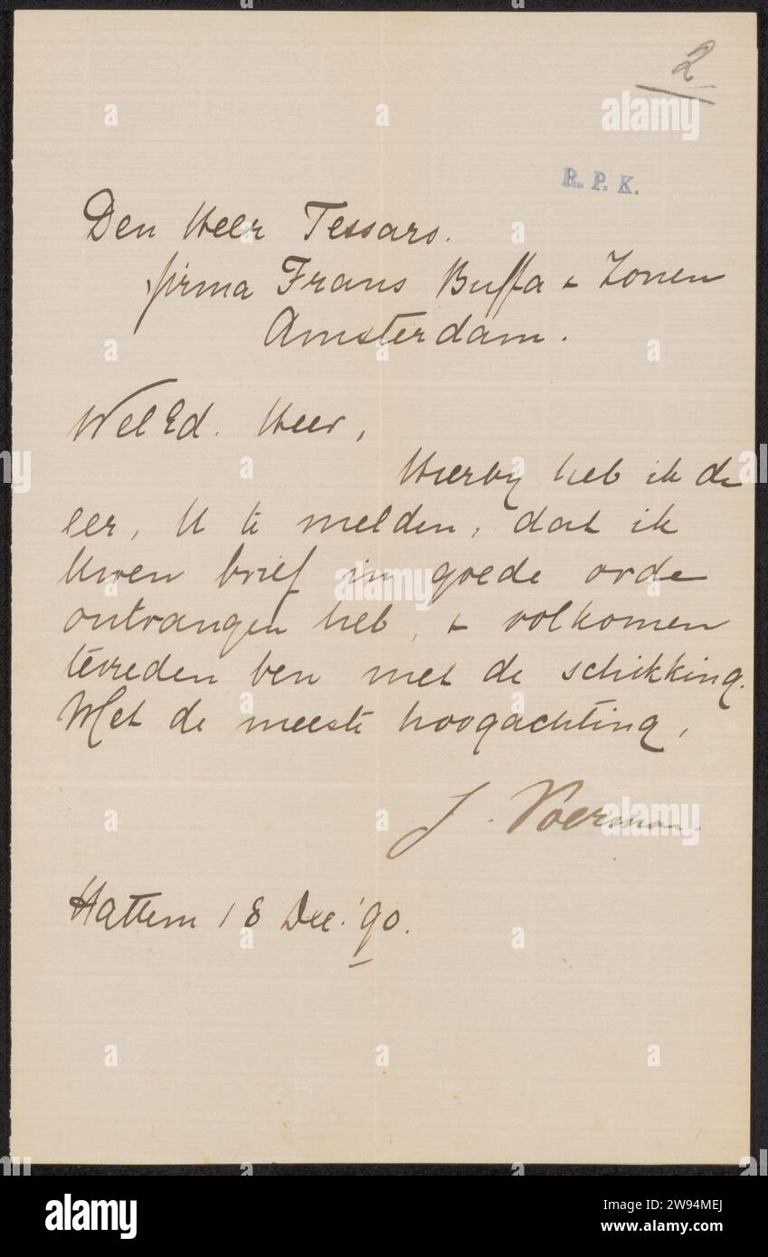 Letter to Filippo Tessaro, Jan Voerman (1857-1941), 1890 letter Hattem ...