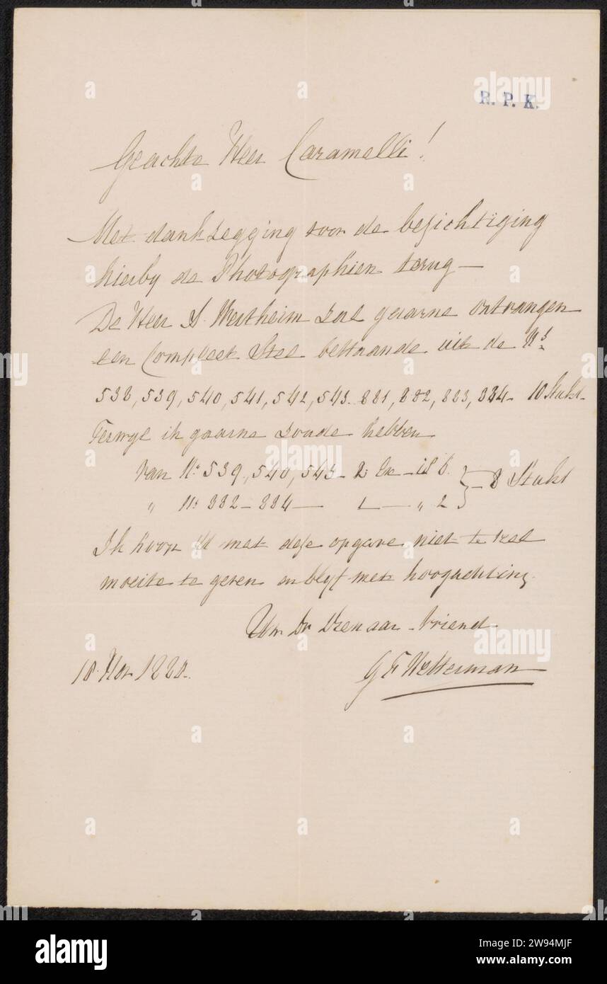 Letter to Alberto Caramelli, George Pieter Westenberg, 1880 letter ...