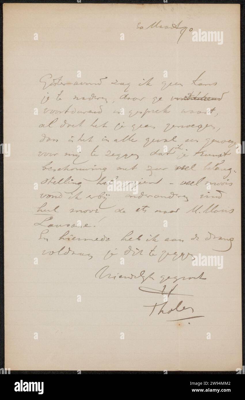 Letter to Philip Zilcken, Willem Bastiaan Tholen, 1890 letter ink ...
