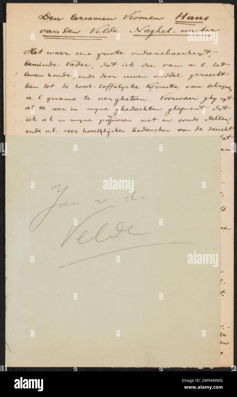 Note concerning Jan van de Velde (I), Anonymous, c. 1850 - c. 1919 ...