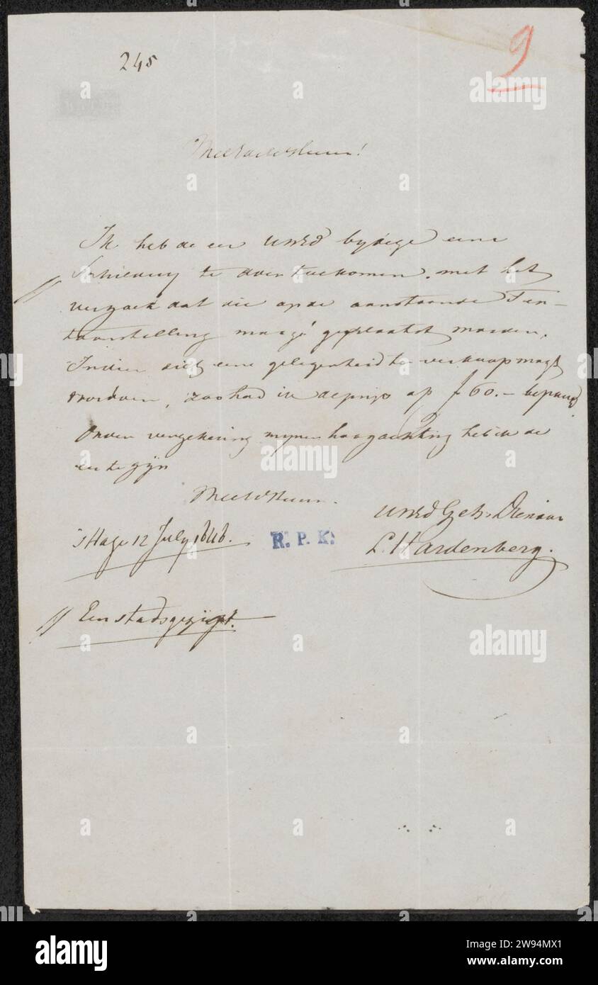 Letter to Anonymous, Lambertus Hardenberg (1822-1900), 1848 letter The ...