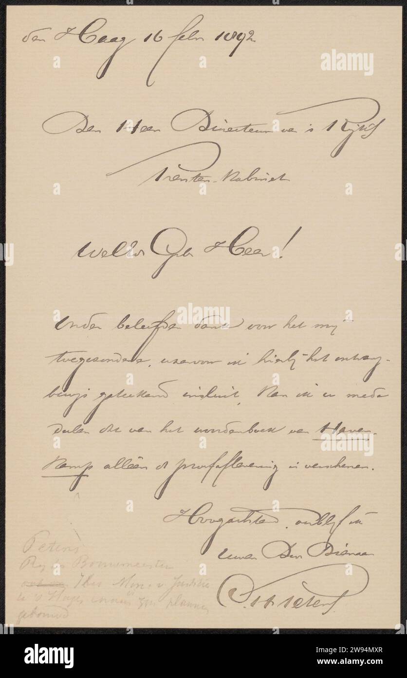 Letter to Johan Philip van der Kellen, C.H. Peters, 1892 letter The ...