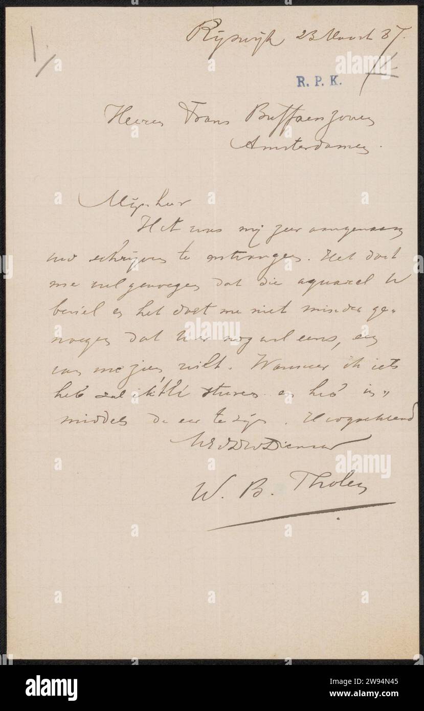 Letter to Frans Buffa and Zonen, Willem Bastiaan Tholen, 1887 letter ...