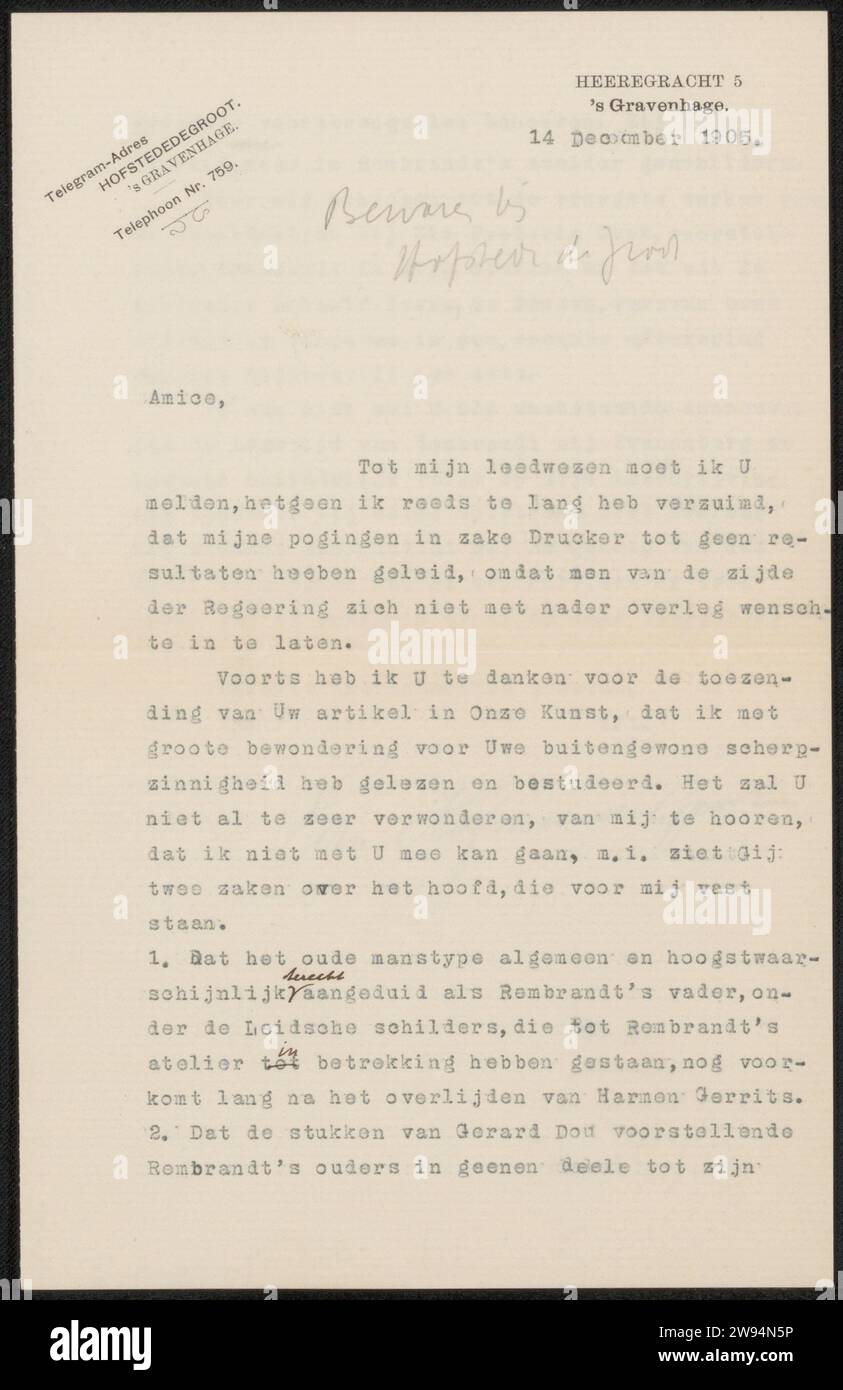 Letter to Jan Veth, Cornelis Hofstede de Groot, 1905 letter The Hague ...
