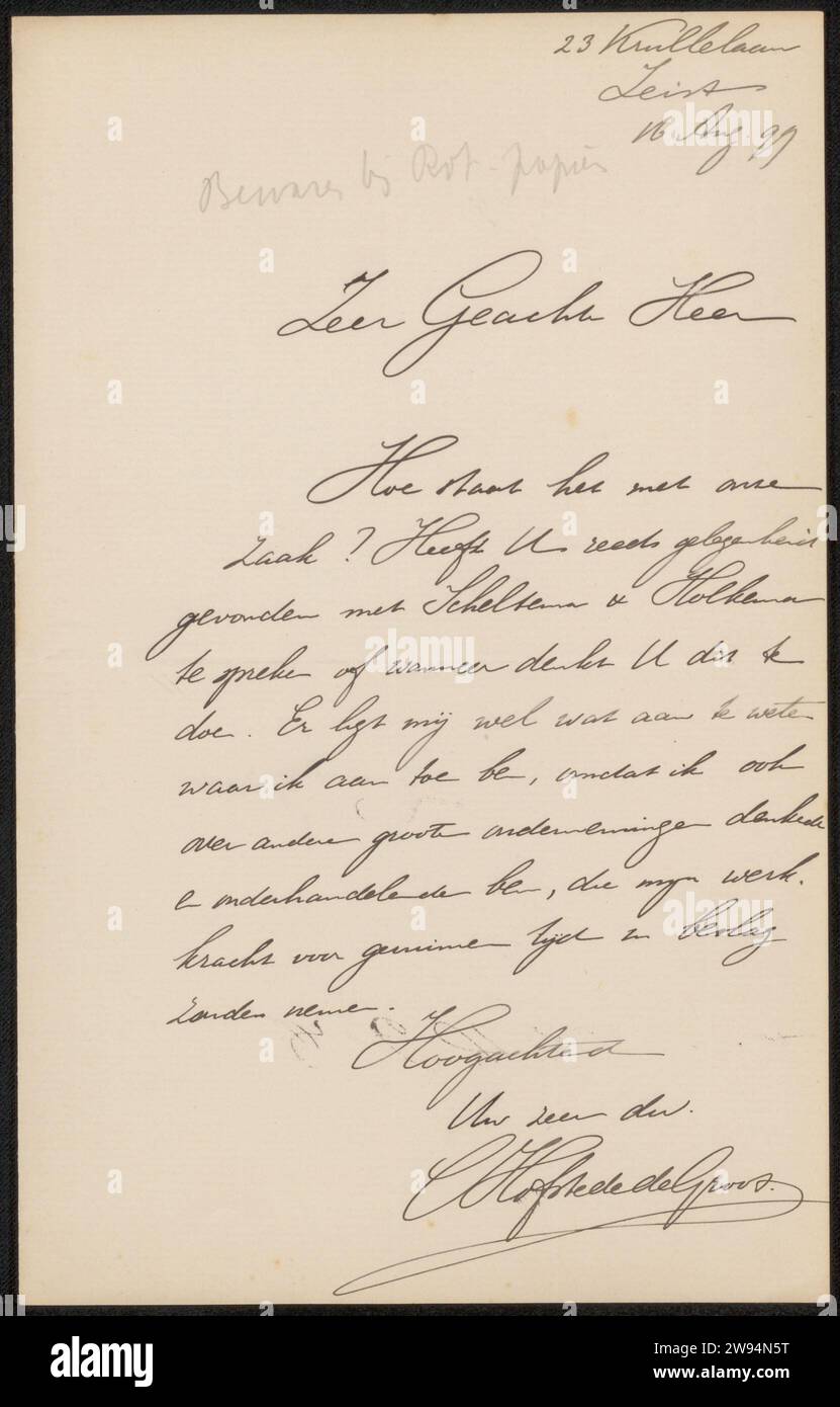 Letter to Jan Veth, Cornelis Hofstede de Groot, 1899 letter Zeist paper ...