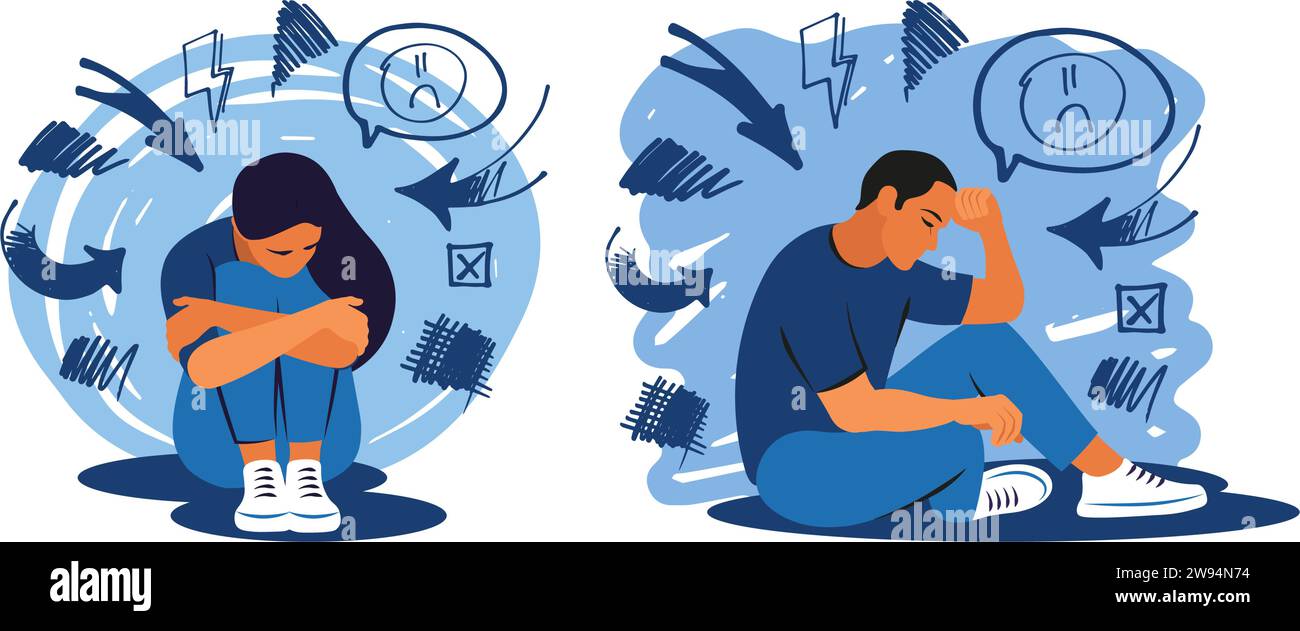 Mental disorder concept. Depression woman and man. Stress, despair ... Mental disorder concept. Depression woman and man. Stress, despair ...