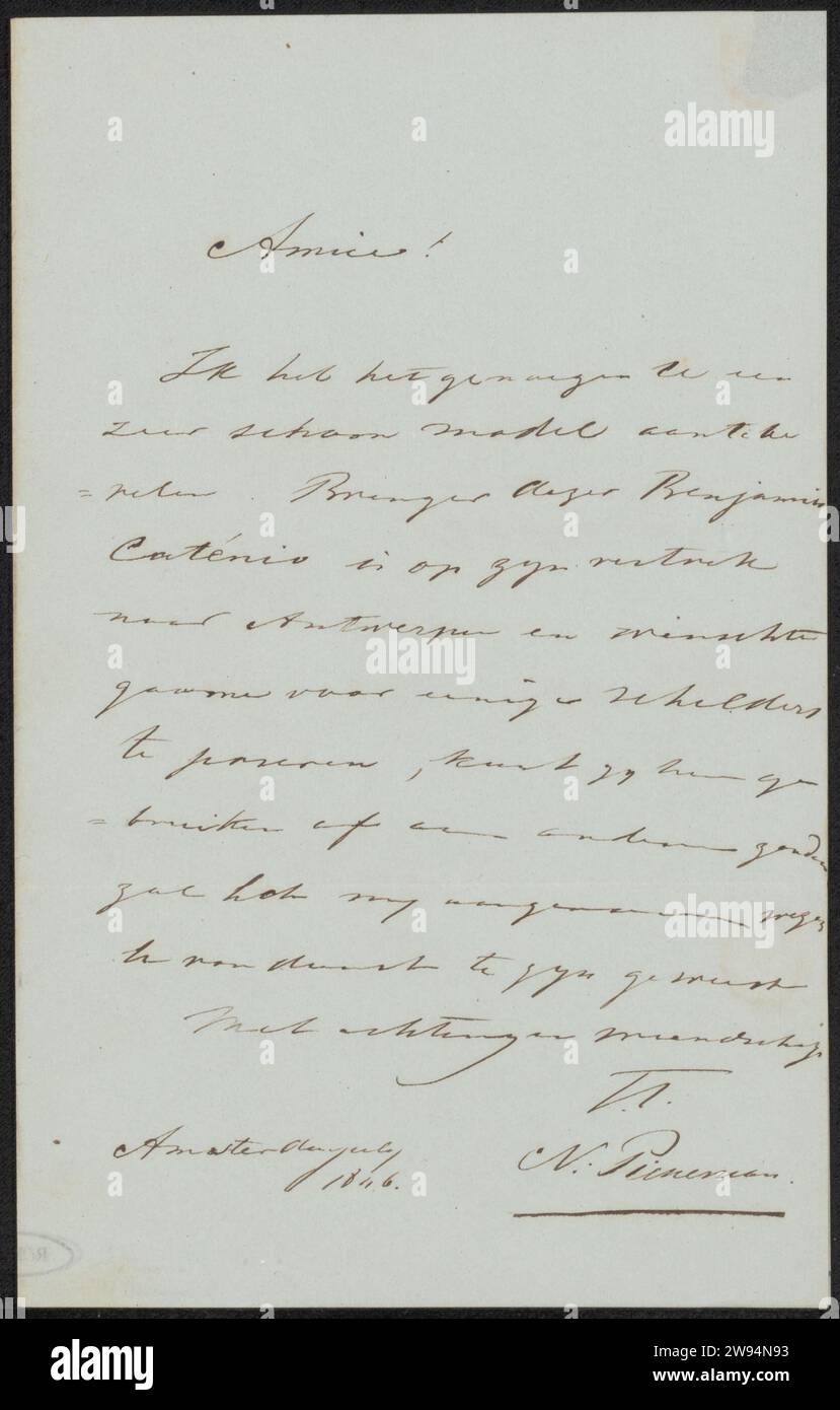 Letter to Ary Johannes Lamme, Nicolaas Pieneman, 1846 letter Amsterdam paper. ink writing ...