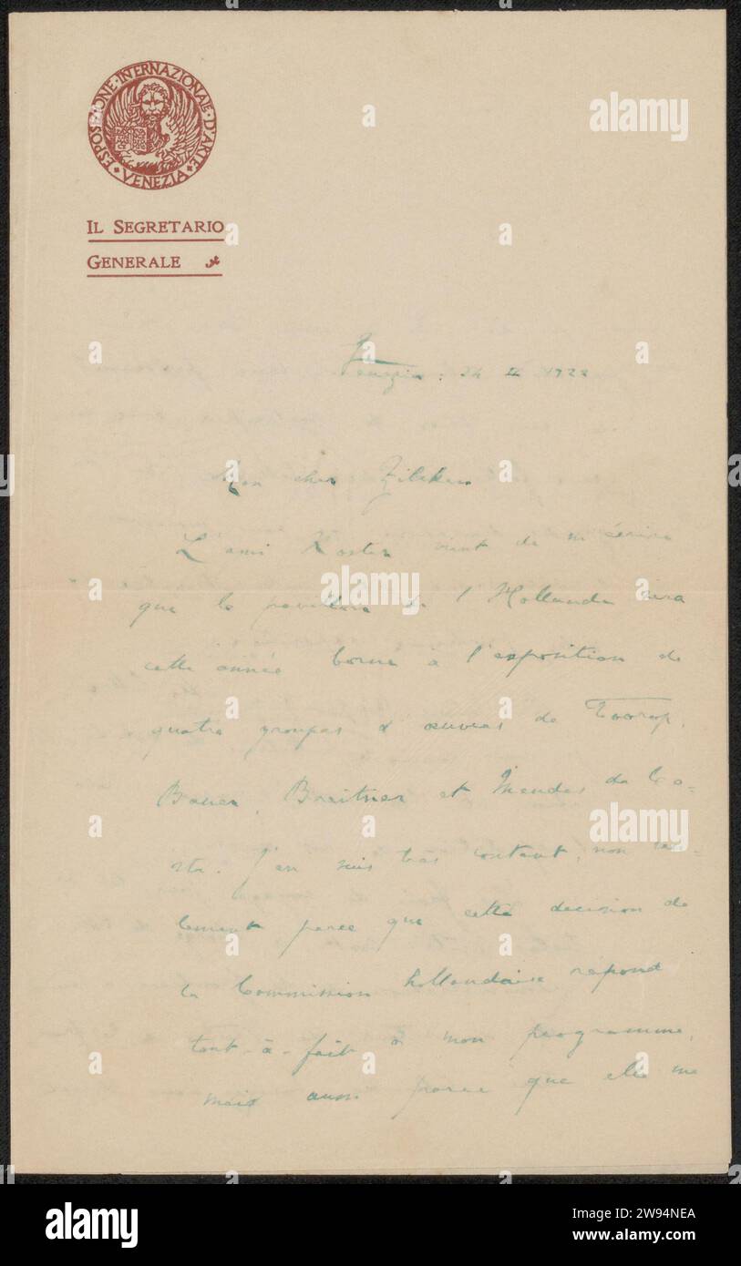 Letter to Philip Zilcken, Vittorio Pica, 1922 letter Venice paper. ink ...