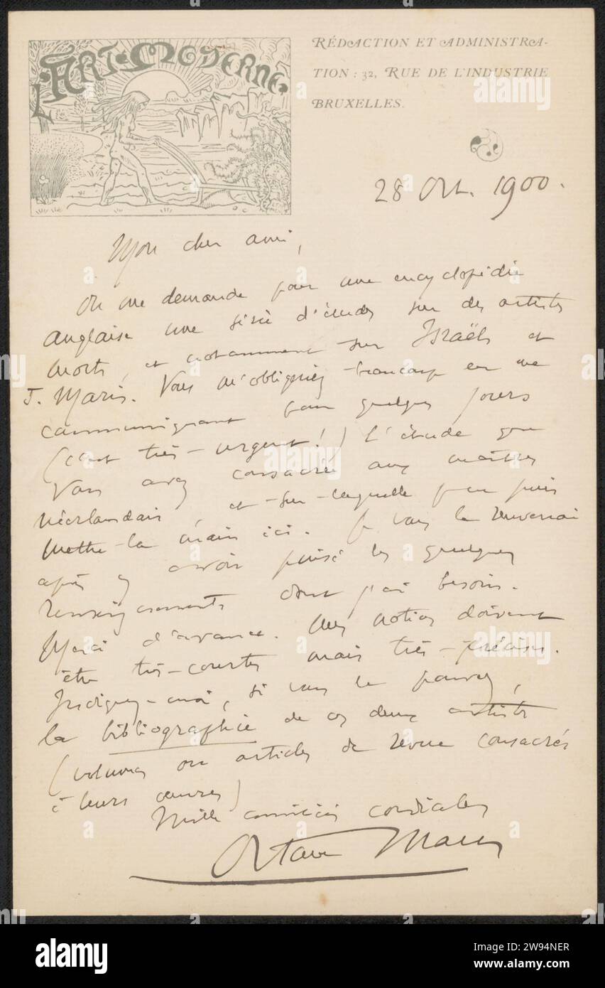 Letter to Philip Zilcken, 1900 letter Brussels paper. ink writing ...