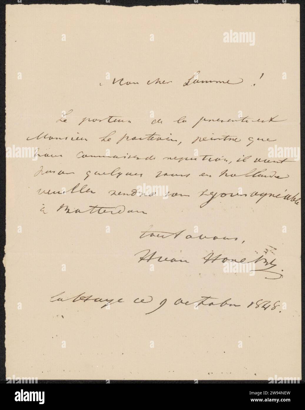Letter to Ary Johannes Lamme, Huib van Hove BZ, 1848 letter The Hague paper. ink writing ...