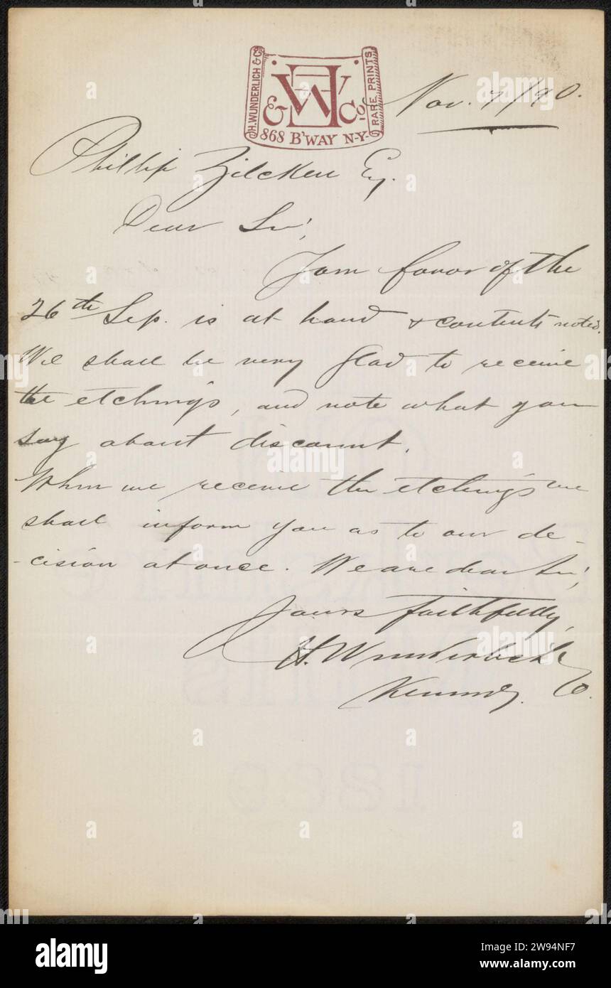 Letter Aan Philip Zilcken, Wunderlich & Co, 1890 letter New York (city ...