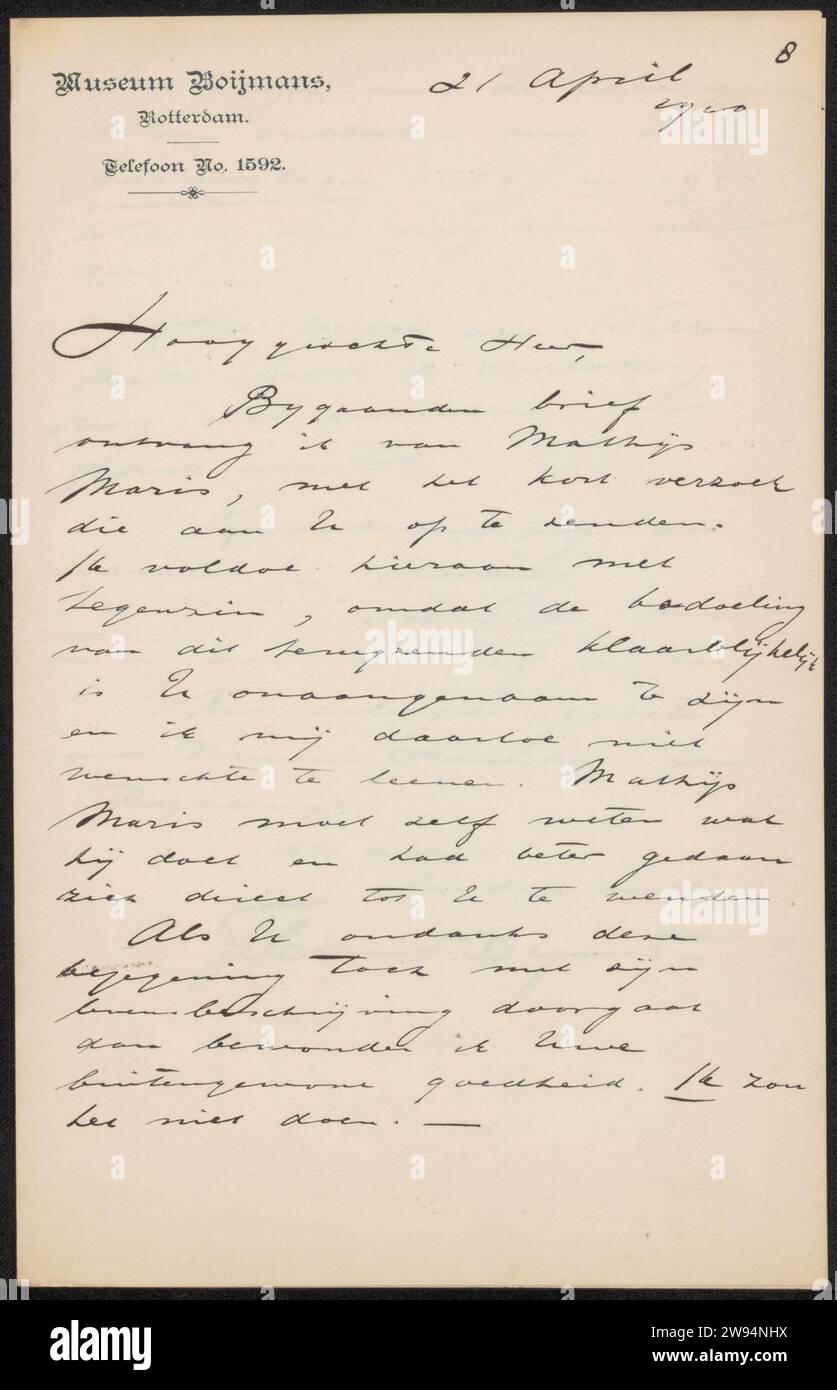 Letter to Pieter Haverkorn van Rijsewijk, Museum Boijmans van Beuningen ...