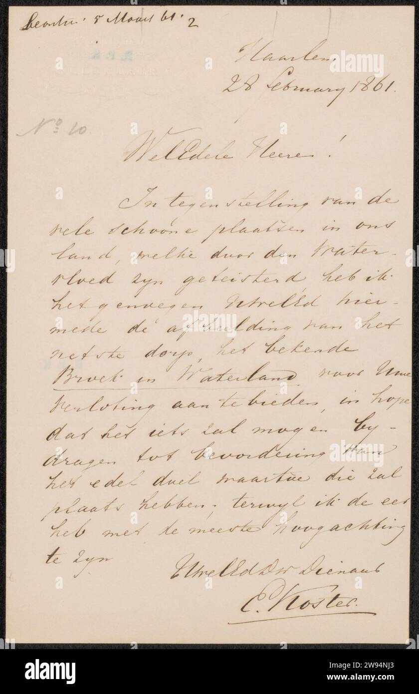 Letter to Anonymous, Everhardus Koster, 1861 letter Haarlem paper. ink ...