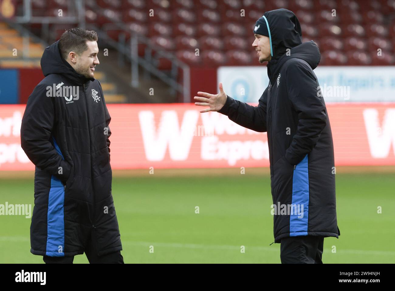 Rangers' Todd Cantwell and Scott Wright inspect the pitch before the ... Rangers' Todd Cantwell and Scott Wright inspect the pitch before the ...
