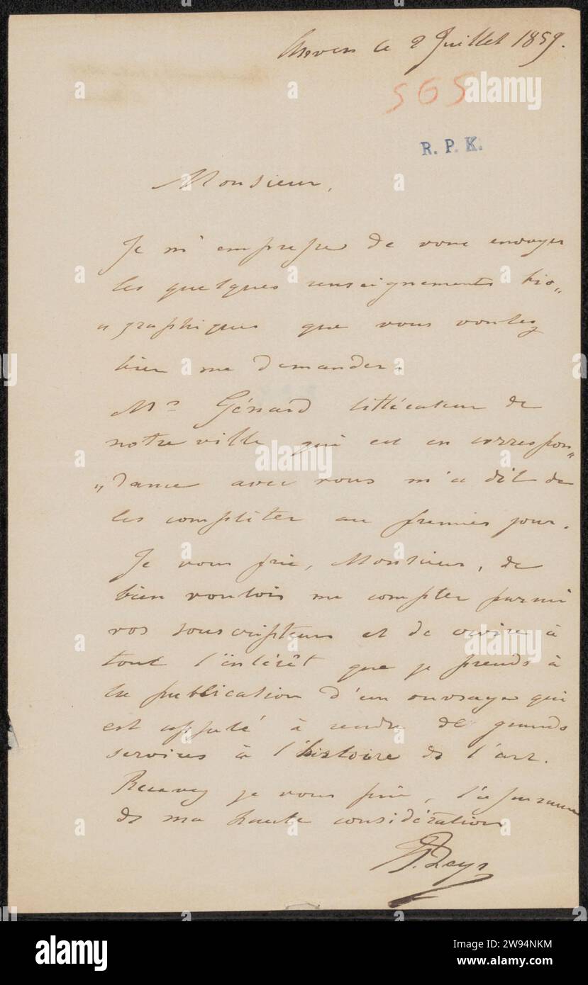 Letter to Christiaan Kramm, Henri Leys (Baron), 1859 letter Antwerp ...