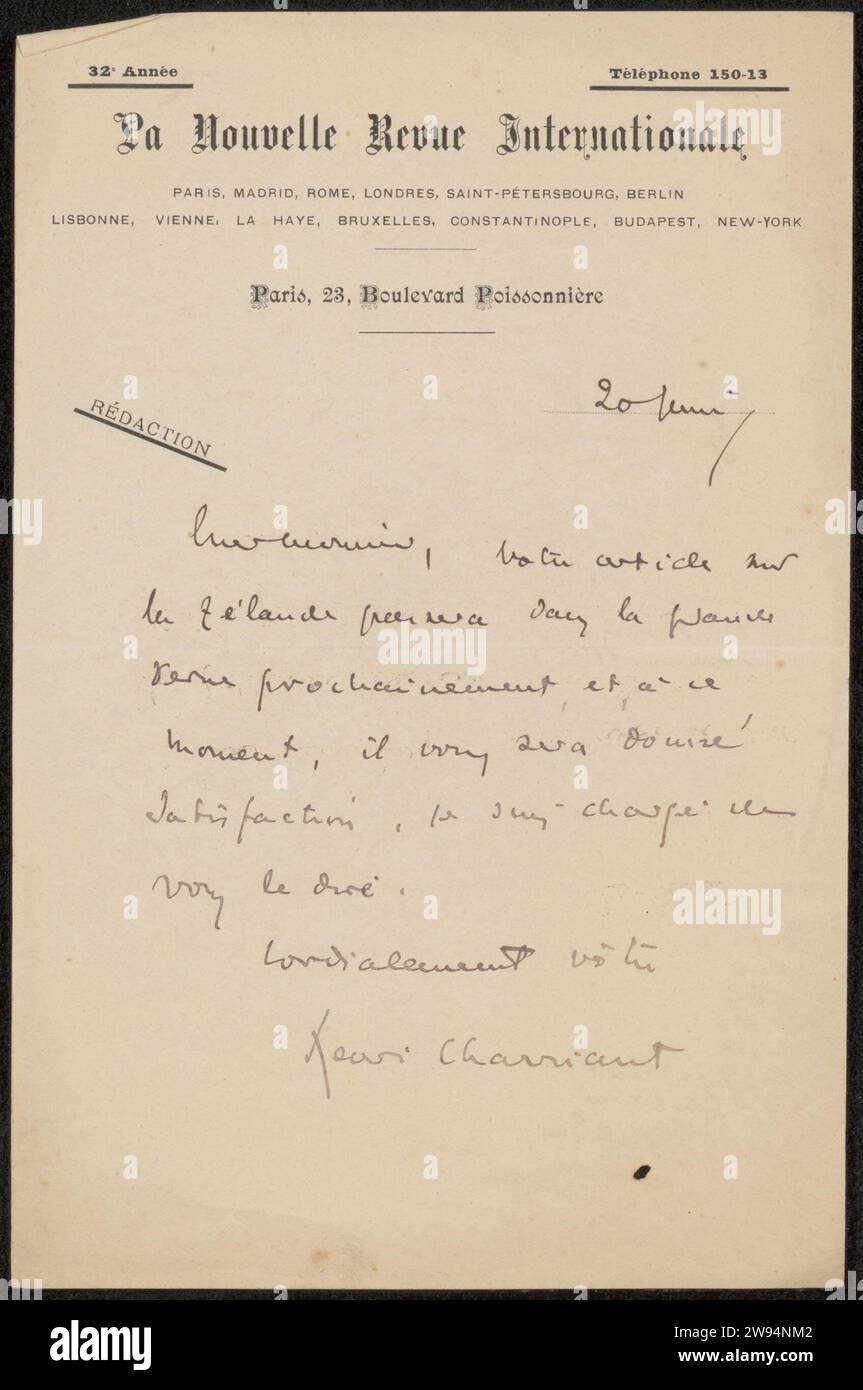 Letter to Philip Zilcken, 1867 - 1930 letter Dated 20 June XXXX. Paris ...