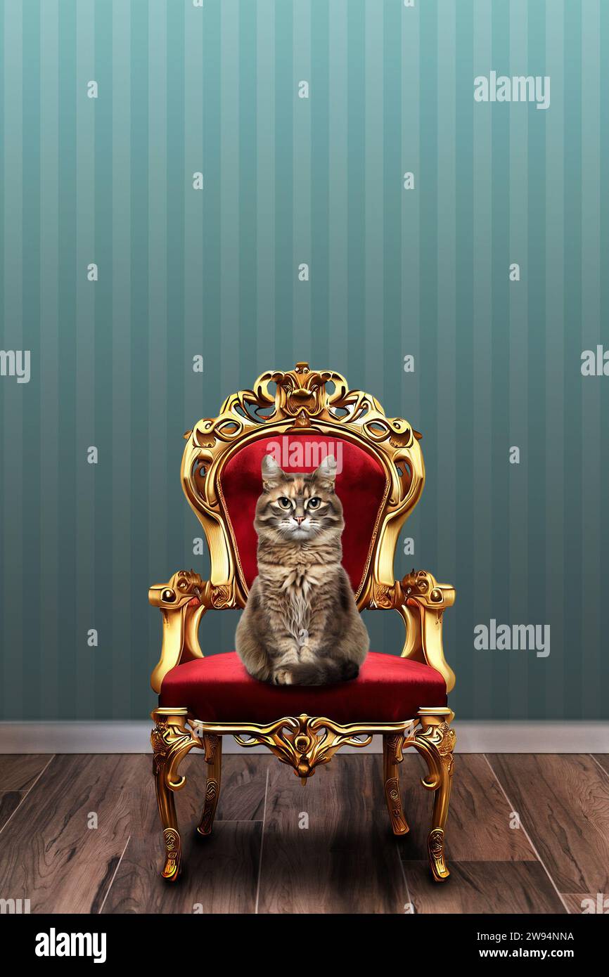 tabby cat sitting on a royal armchair Stock Photo - Alamy