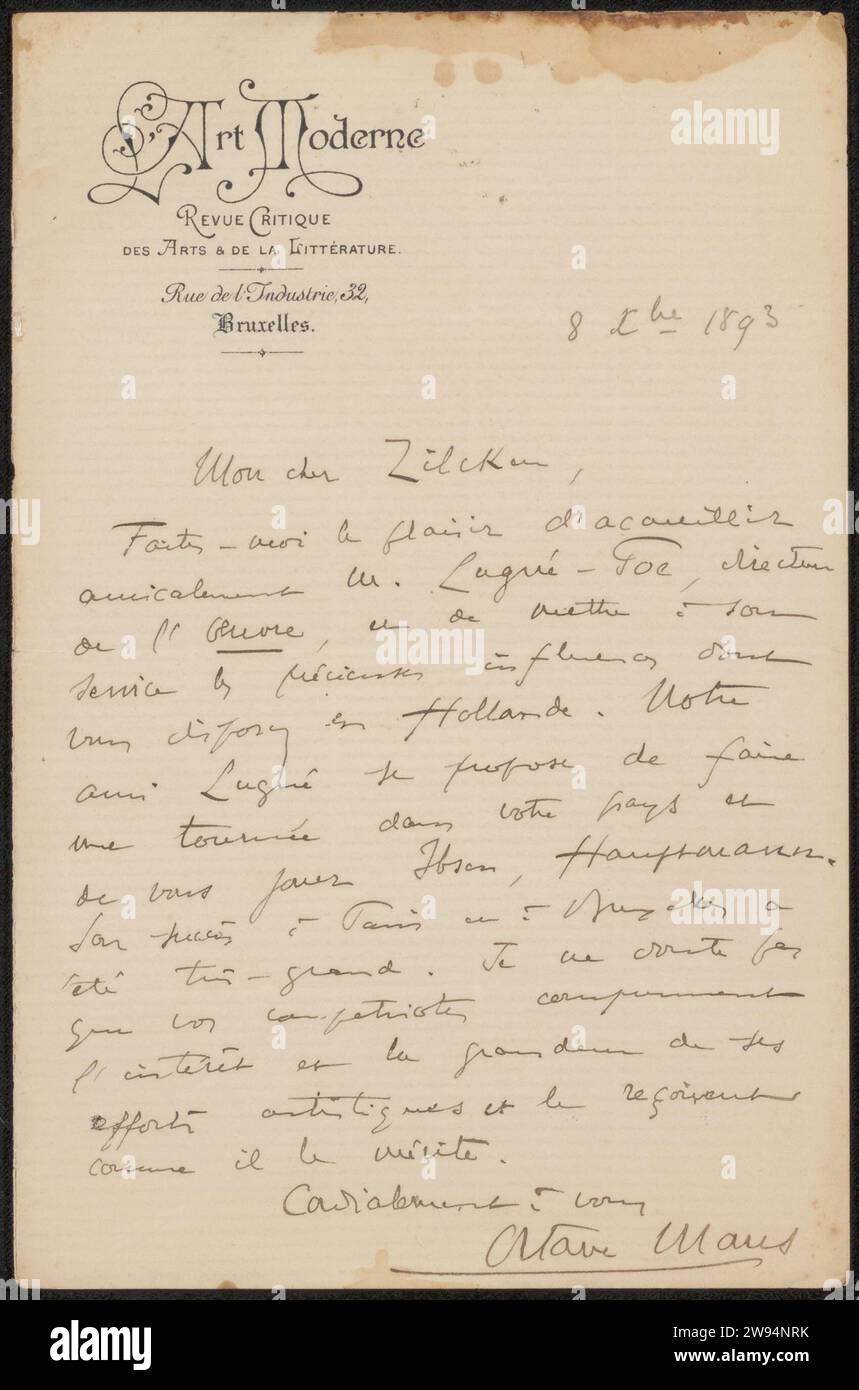 Letter to Philip Zilcken, Octave Maus, 1893 letter Brussels paper. ink ...