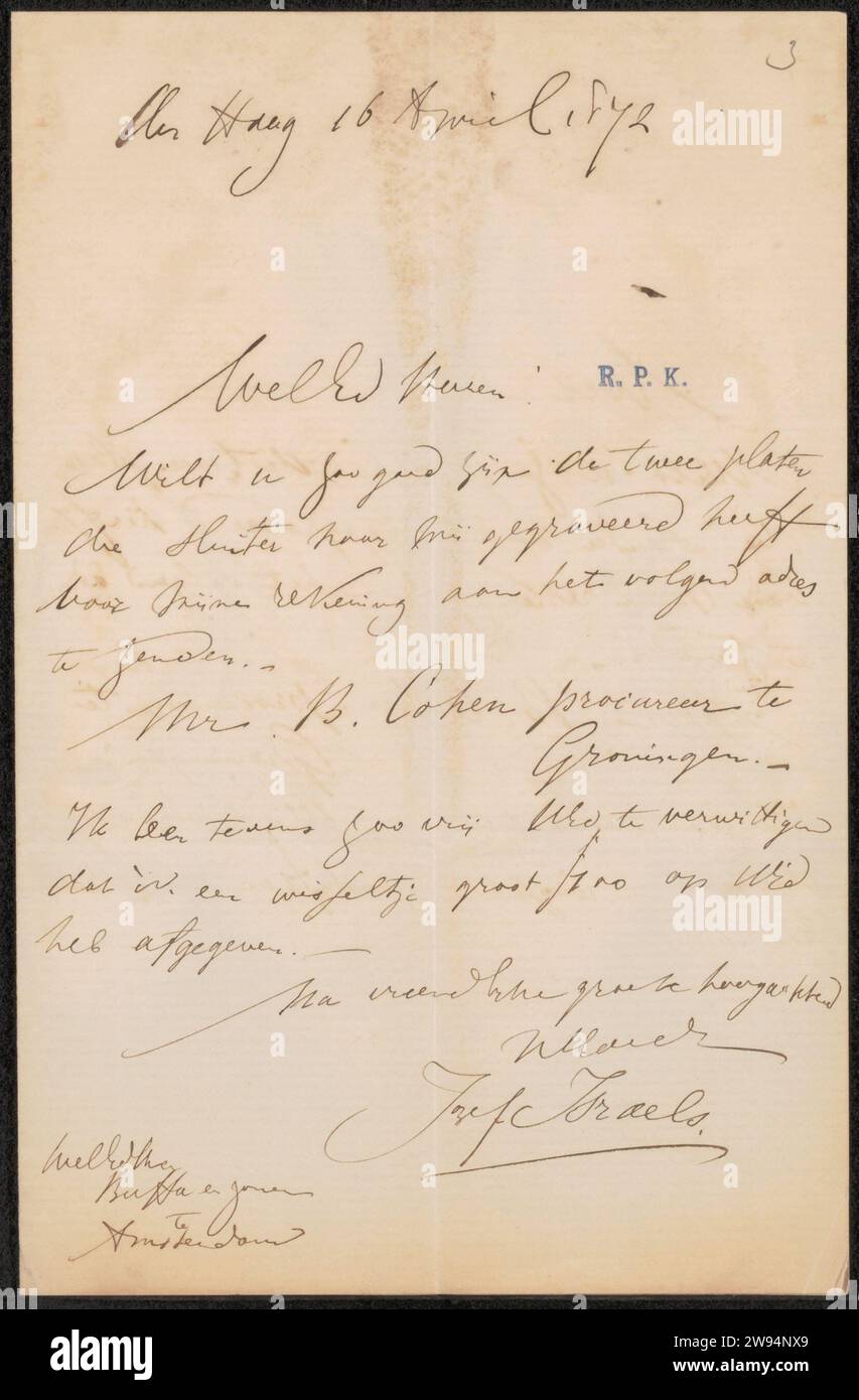 Letter to Frans Buffa and Sons, Joseph Israëls, 1872 letter The Hague ...