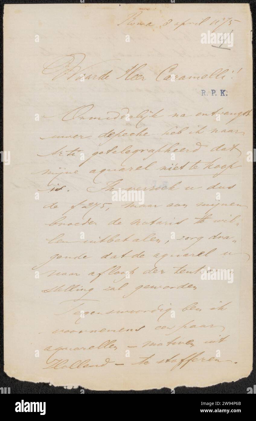 Letter to Mr. Caramelli, Willem Johann Martens, 1874 - 1875 letter Rome ...