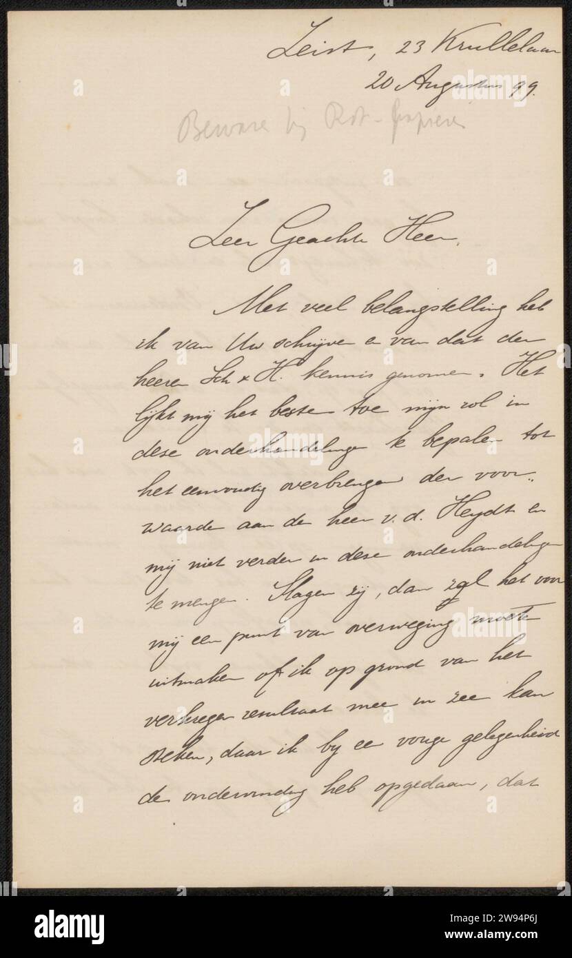 Letter to Jan Veth, Cornelis Hofstede de Groot, 1899 letter Zeist paper ...