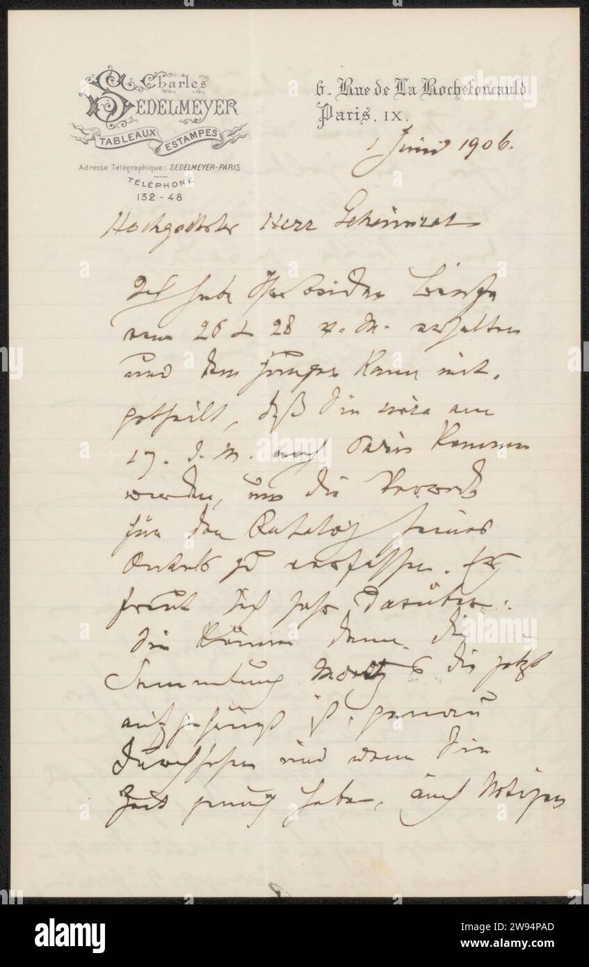 Letter Aan Wilhelm von Bode, Charles Sedelmeyer, 1906 letter Letter ...