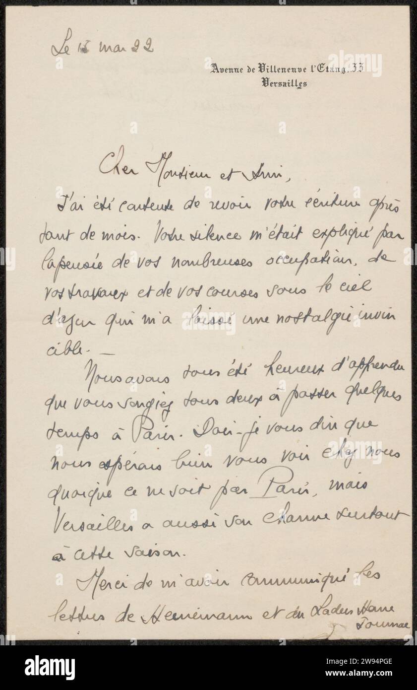 Letter to Philip Zilcken, 1922 letter Versailles paper. ink writing ...
